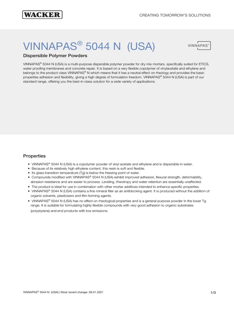 Vinnapas 5044 N (USA) : Dispersible Polymer Powders | PDF | Polymers ...