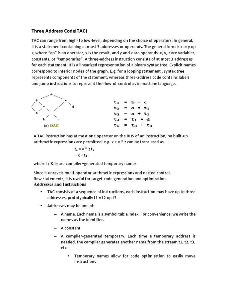 Three Address Code (TAC) : Addresses and Instructions | PDF | Pointer (Computer Programming ...