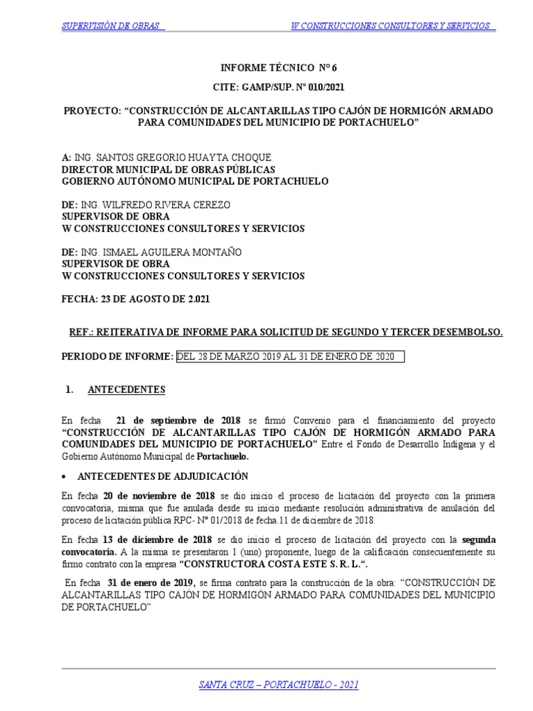 Informe Tecnico para Segundo y Tercer Desembolso Portachuelo | PDF ...