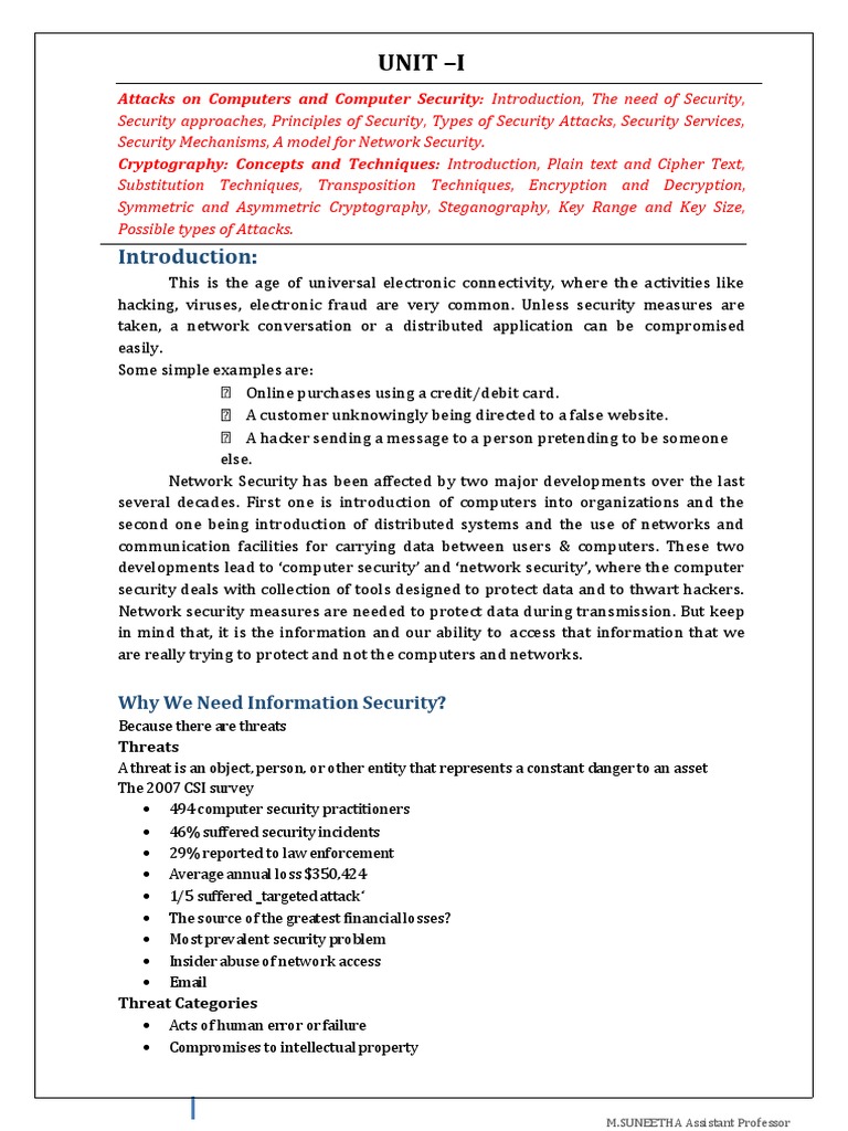 Unit - I: Attacks On Computers and Computer Security: Introduction, The ...