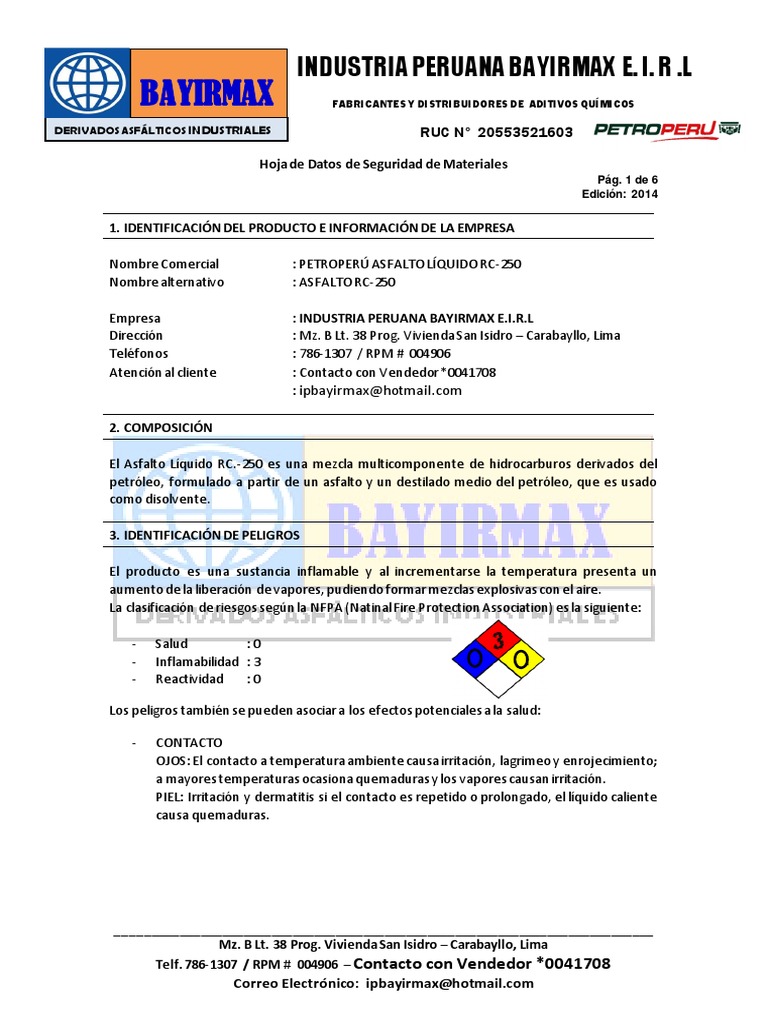 Hoja Seguridad Asfalto | PDF | Agua | Quemar