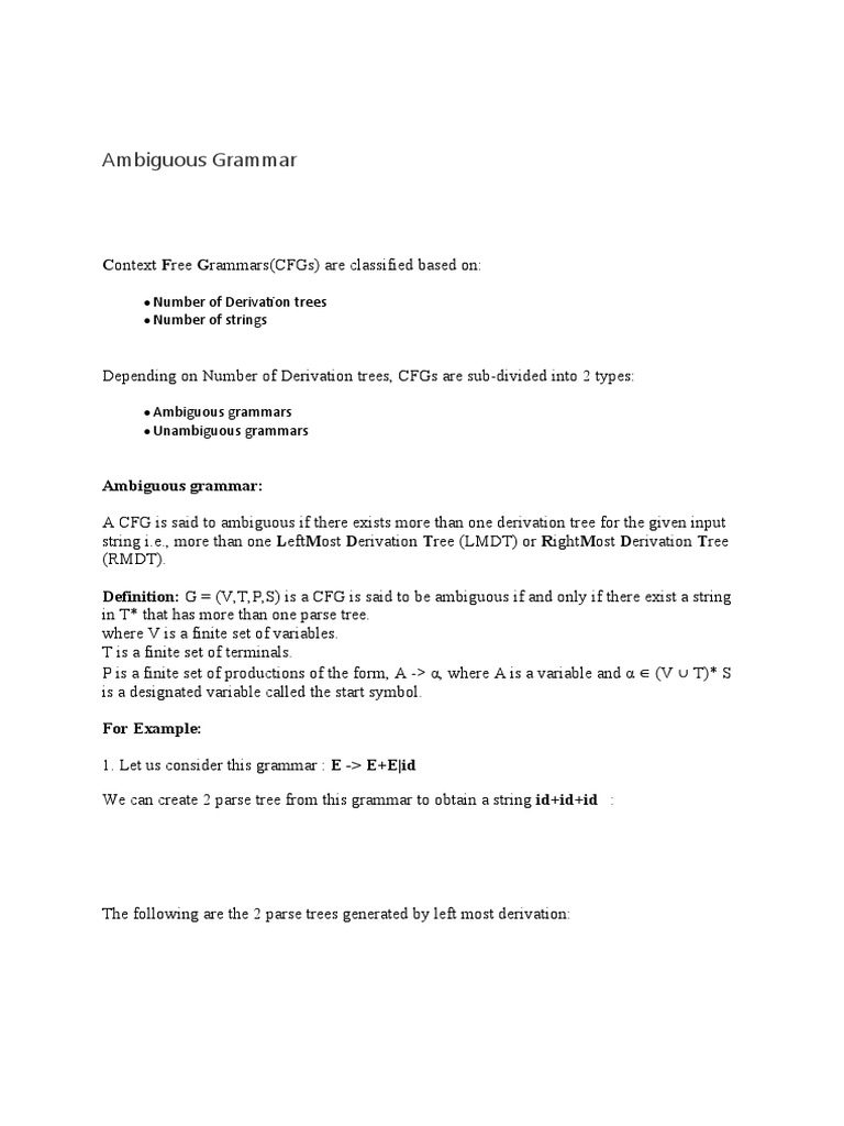 Ambiguous Grammar: Context Free Grammars (CFGS) Are Classified Based On | PDF | Computer ...