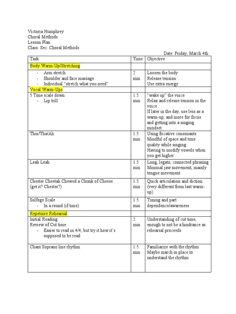 Choral Lesson Plan - Chester | PDF | Singing | Human Voice