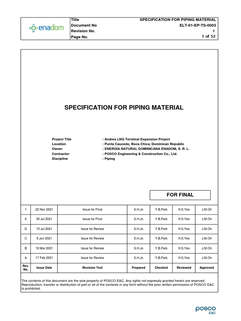 ELT-01-EP-TS-0003 - Specification For Piping Material - R1 | PDF | Pipe (Fluid Conveyance) | Valve