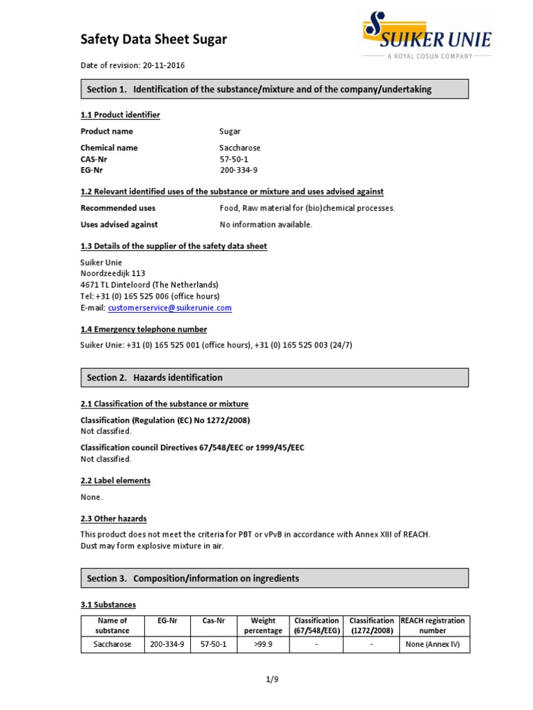 Safety Data Sheet Sugar: Section 1. Identification of The Substance ...