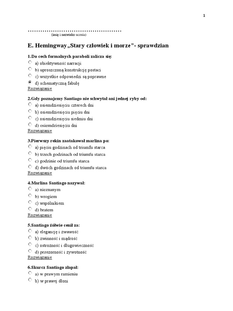 STARY CZŁOWIEK I MORZE Test | PDF STARY CZŁOWIEK I MORZE Test | PDF