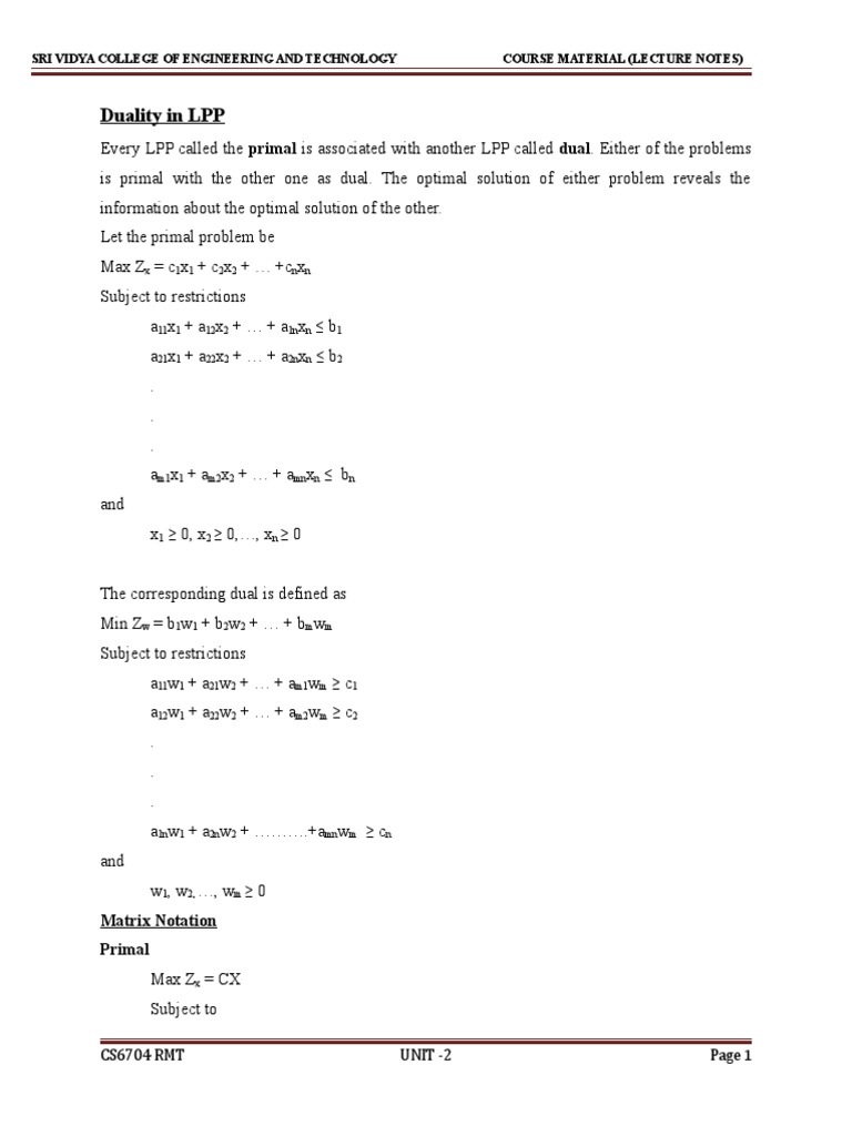 Duality in LPP: Matrix Notation Primal | PDF | Mathematical Logic ...