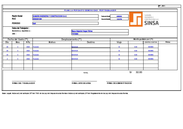 Planilla de Pasaje Abril 28-2022 Mayra Vargas Vilchez | PDF | Impuestos | Finanzas del gobierno