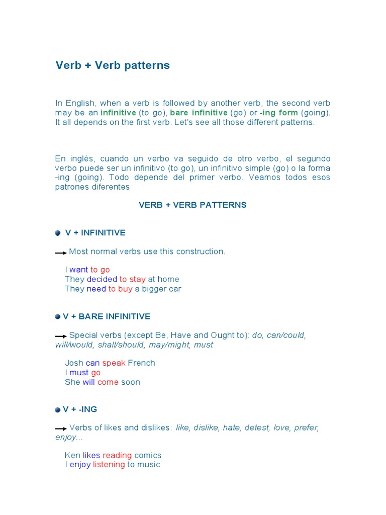 Verb + Verb Patterns: Infinitive Bare Infinitive - Ing Form | PDF