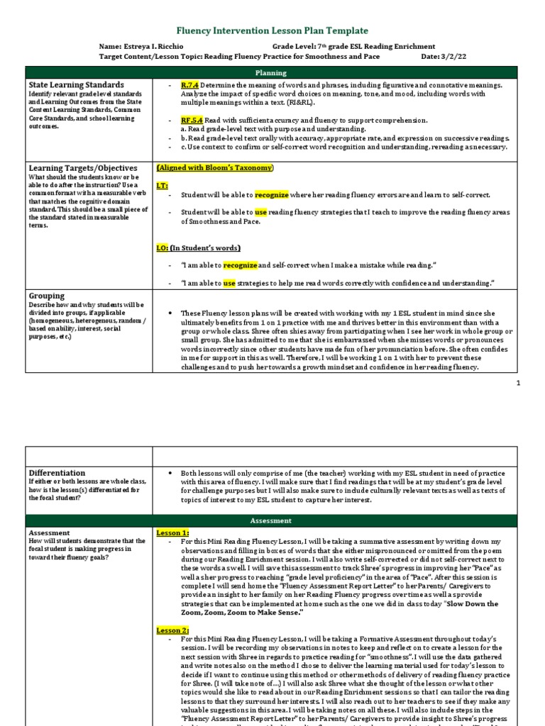 Assessing and Teaching Fluency Mini Lesson Template-Merged 1 | PDF ...