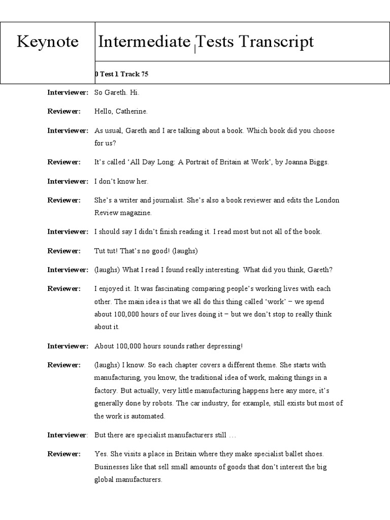 Intermediate Tests Transcript Keynote: Page 200 Test 1 Track 75 | PDF