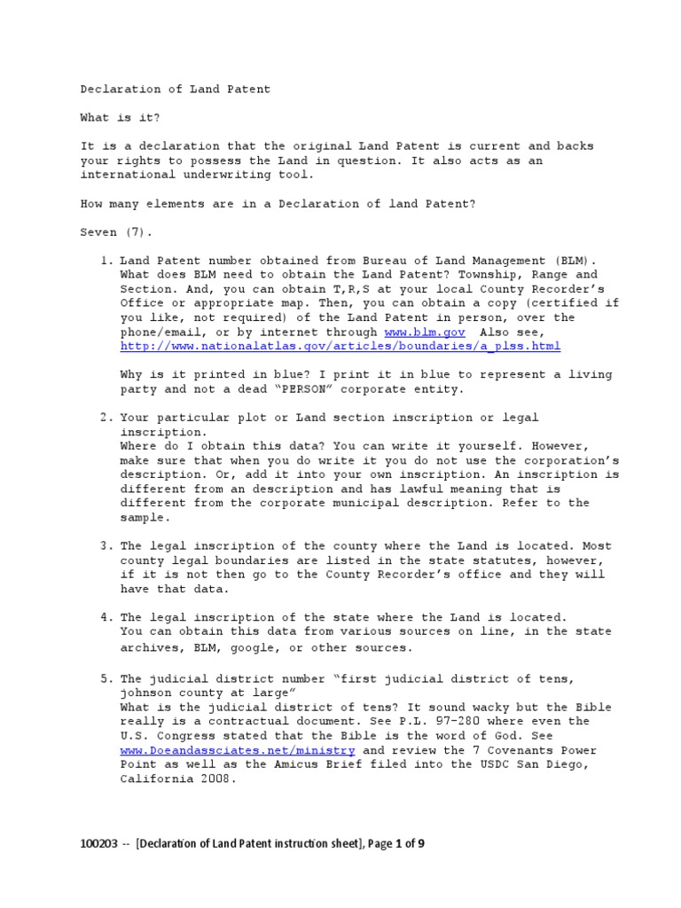 Declaration of Land Patent Instruction Sheet | PDF | Patent ...