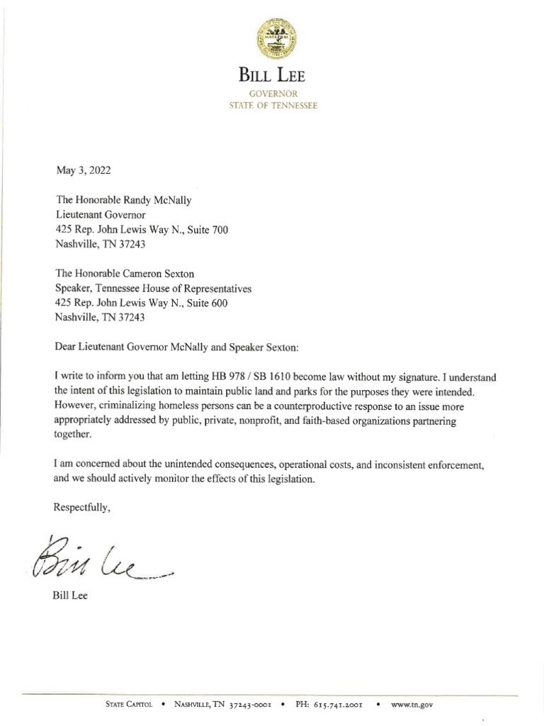 Gov. Lee Letter Explaining Views On Bill | PDF
