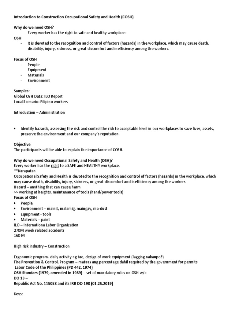 COSH Training-Day 1 | PDF | Occupational Safety And Health | Workplace