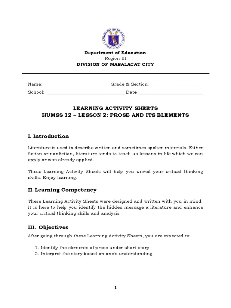 Prose Elements Learning Activity Sheet | PDF | Narration | Plot (Narrative)