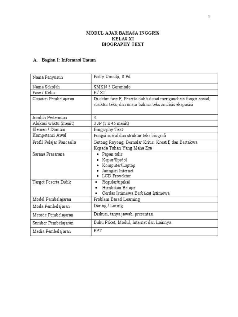 Modul Biography Untuk Siswa | PDF