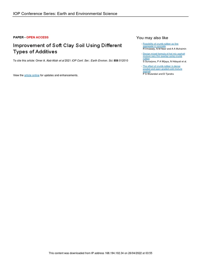 Improvement of Soft Clay Soil Using Different Types of AdditivesIOP ...
