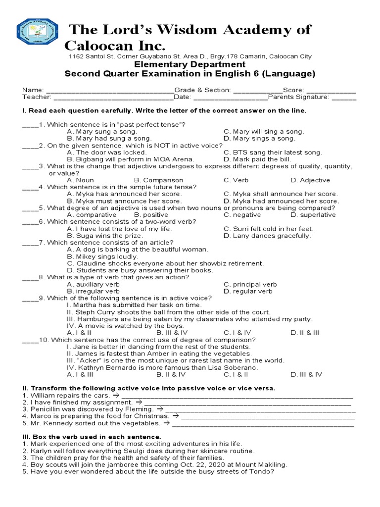 Grade 6 English 2nd Quarter Exam | PDF | Verb | Adjective