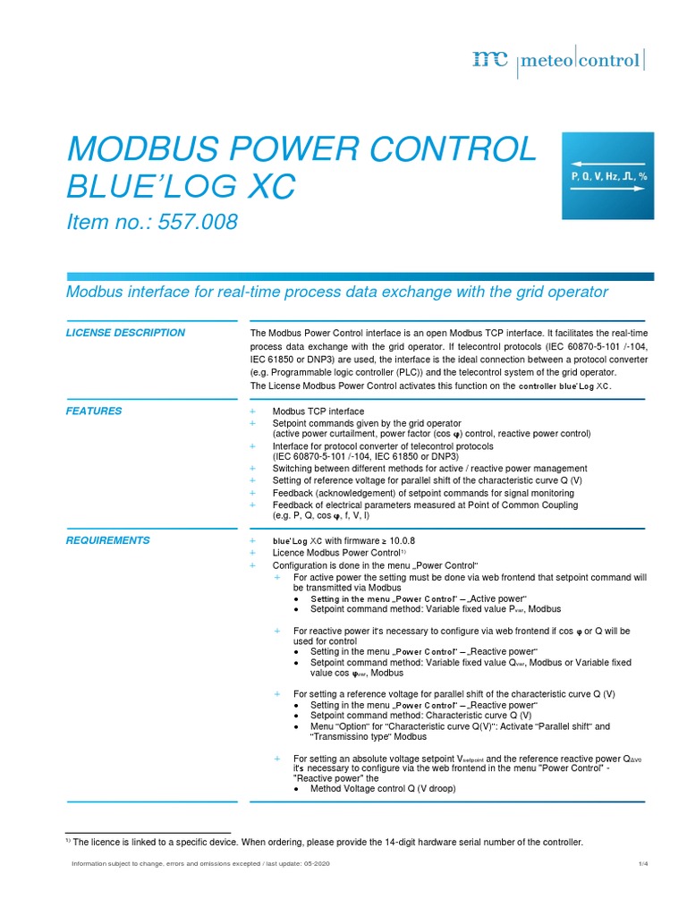 DB Modbus Power Control BlueLog XC en | PDF | Ac Power | Computing