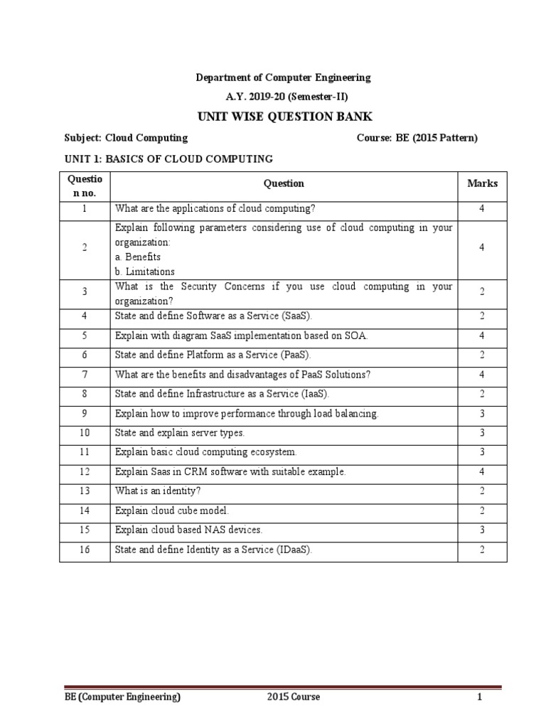 Unit Wise Question Bank | Download Free PDF | Cloud Computing | Software As A Service