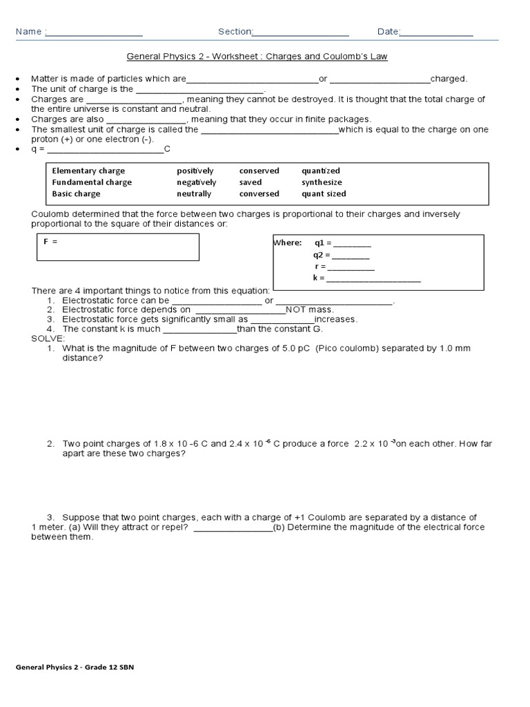 Physics 2 Worksheet: Coulomb's Law | PDF