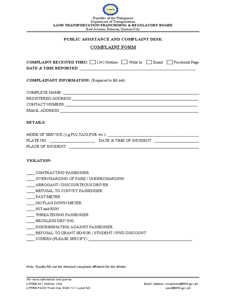 Public Assistance and Complaint Desk | PDF | Affidavit | Transport