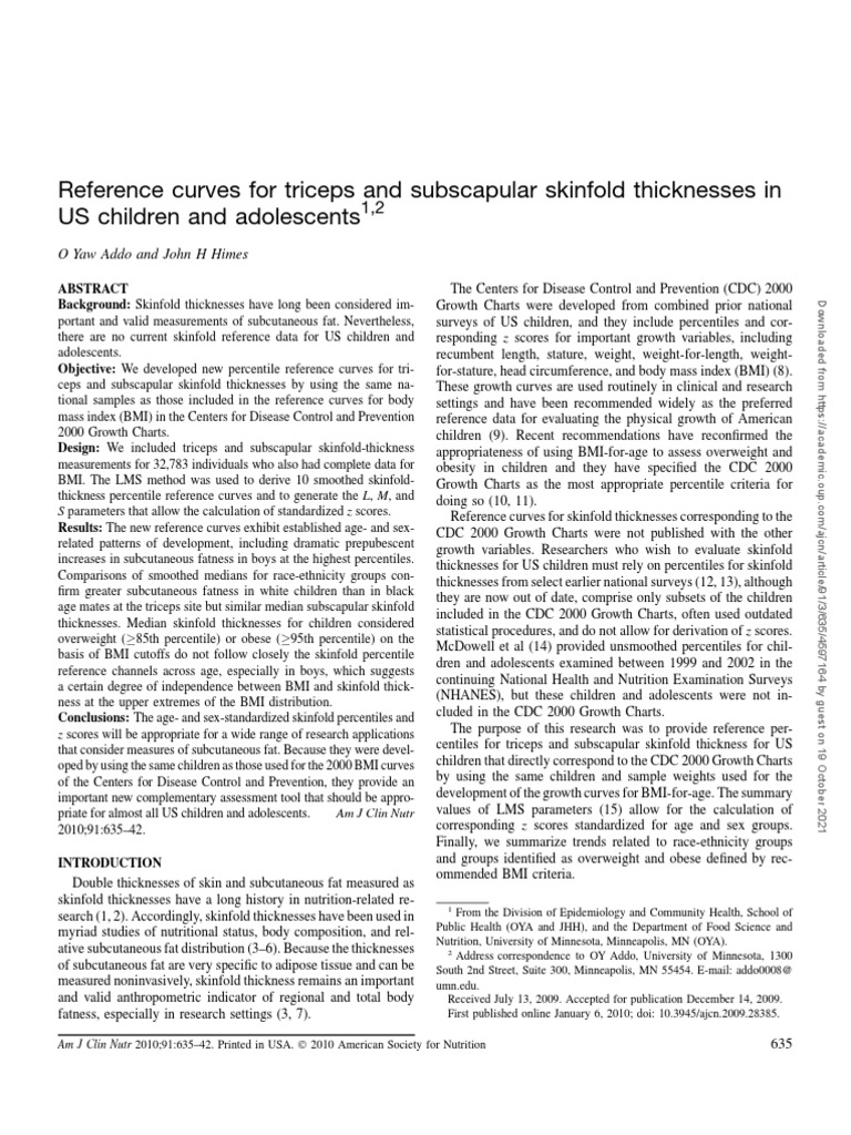 Skin Fold Thickness | PDF | Body Mass Index | Percentile