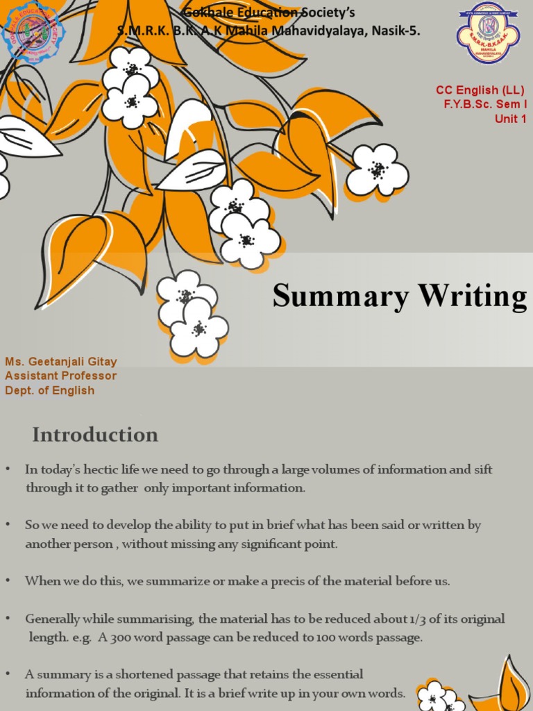 Summary Writing: CC English (LL) F.Y.B.Sc. Sem I Unit 1 | PDF ...