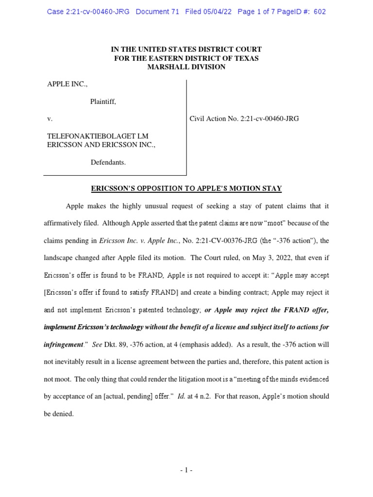 Ericsson's Opposition to Apple's Stay Motion | PDF | Declaratory Judgment | Patent