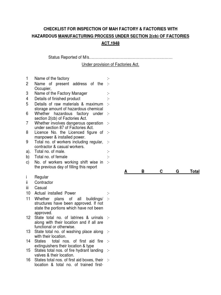 Factory Inspection Checklist Guide | PDF | Occupational Safety And ...