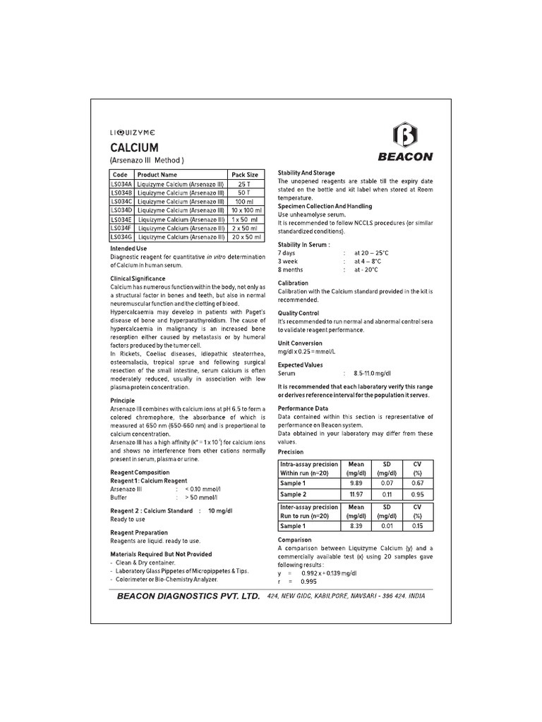 5 - IFU - CALCIUM ARSENASO - Kit Insert - Final-Curve File | PDF