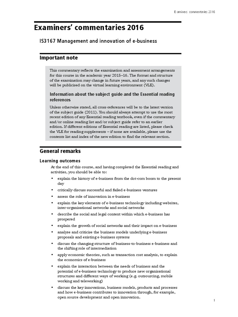 Examiners' Commentaries 2016: IS3167 Management and Innovation of E ...