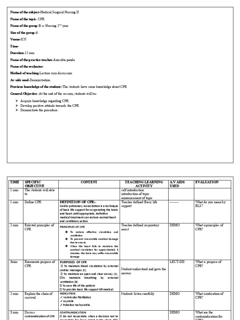 Lesson Plan On CPR | PDF | Cardiopulmonary Resuscitation | Cardiac Arrest
