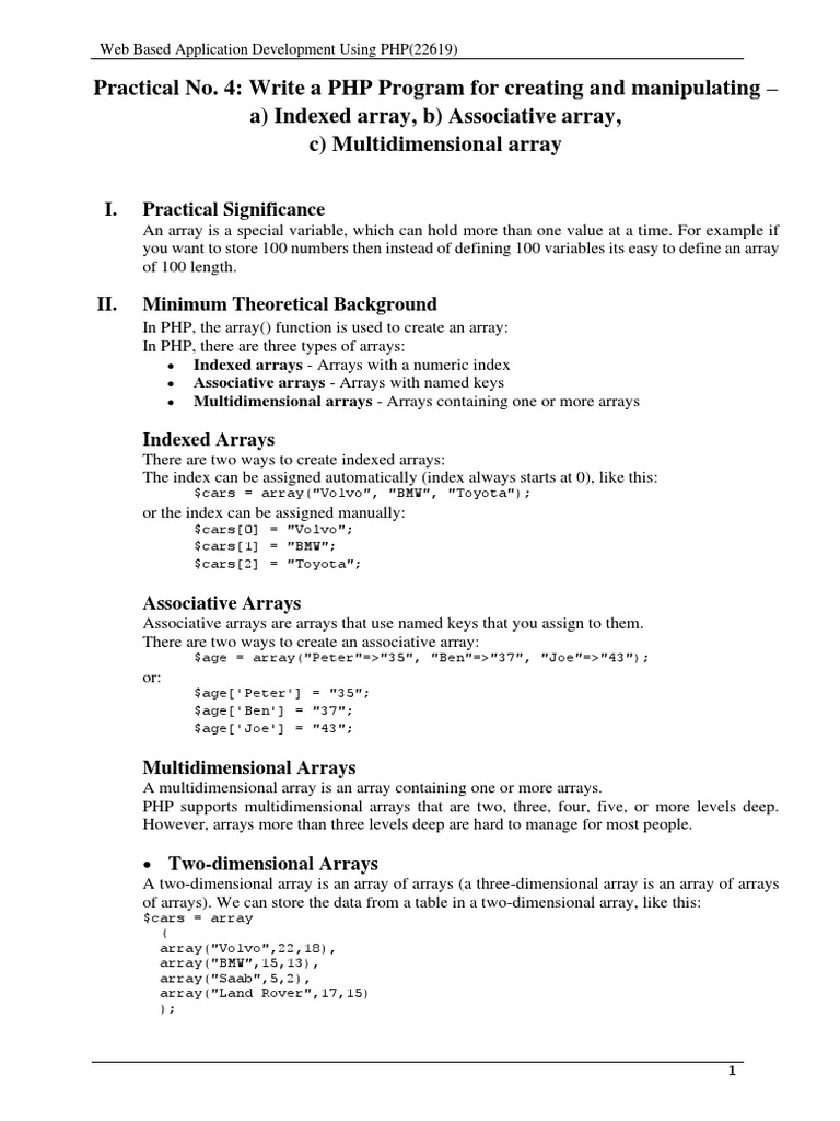 Practical No. 4: Write A PHP Program For Creating and Manipulating - A) Indexed Array, B ...