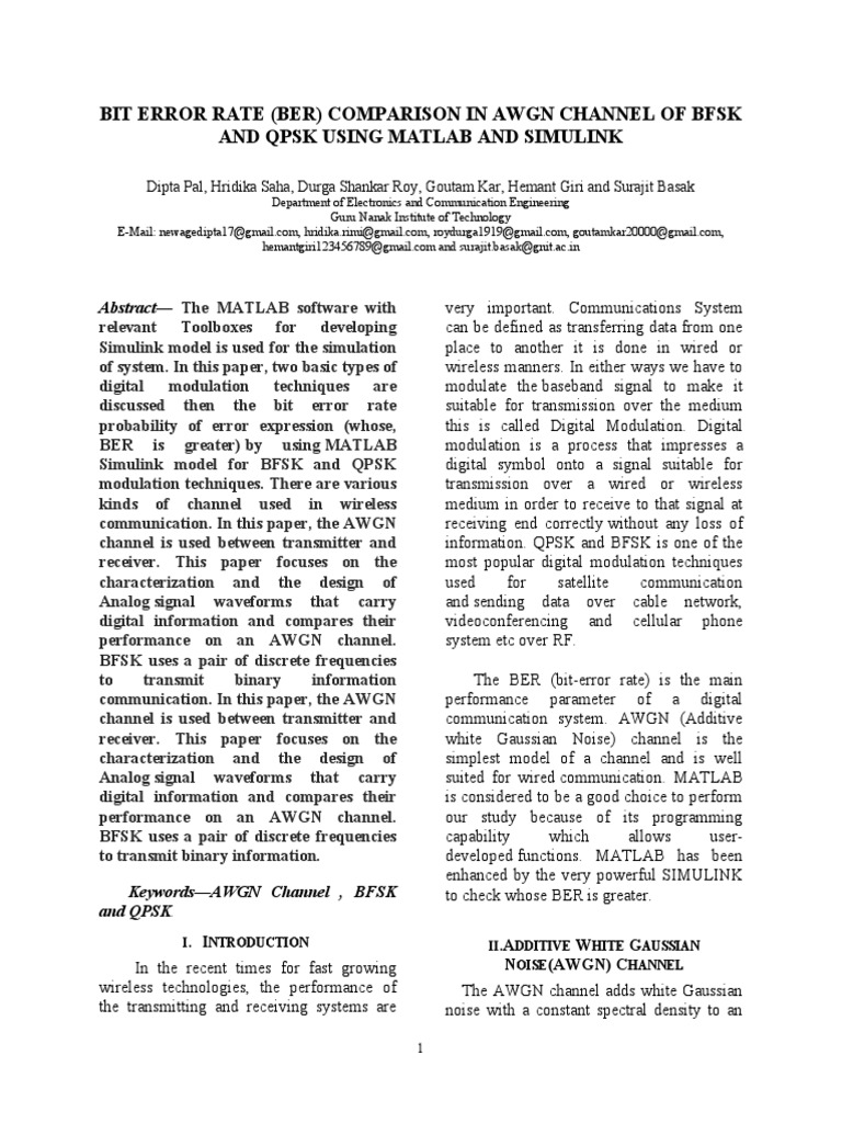 Bit Error Rate (Ber) Comparison in Awgn Channel of BFSK and QPSK Using ...