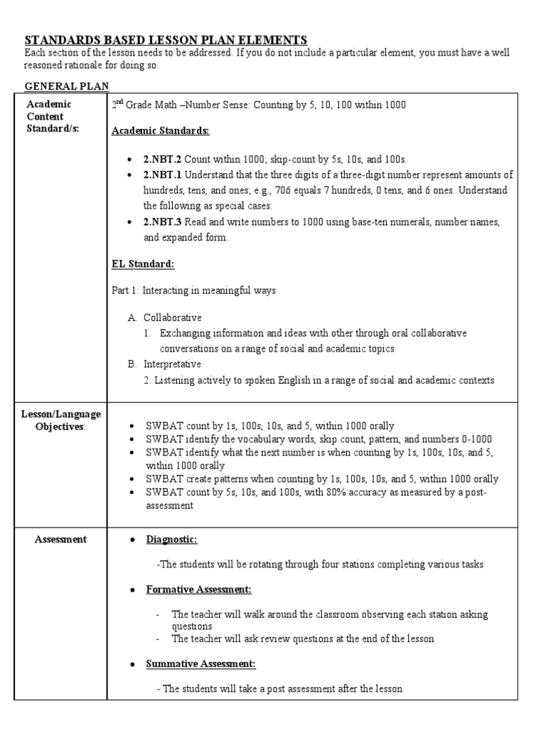 Standards Based Lesson Plan Elements: General Plan Academic Content ...
