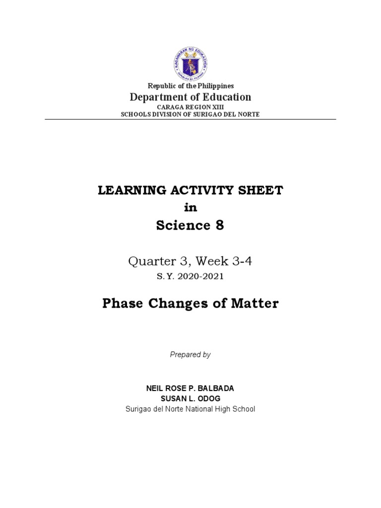 Science 8: Learning Activity Sheet in | PDF | Liquids | Ice