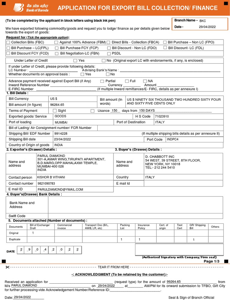 BOB Export Bills Collection & Finance Application Form | PDF ...