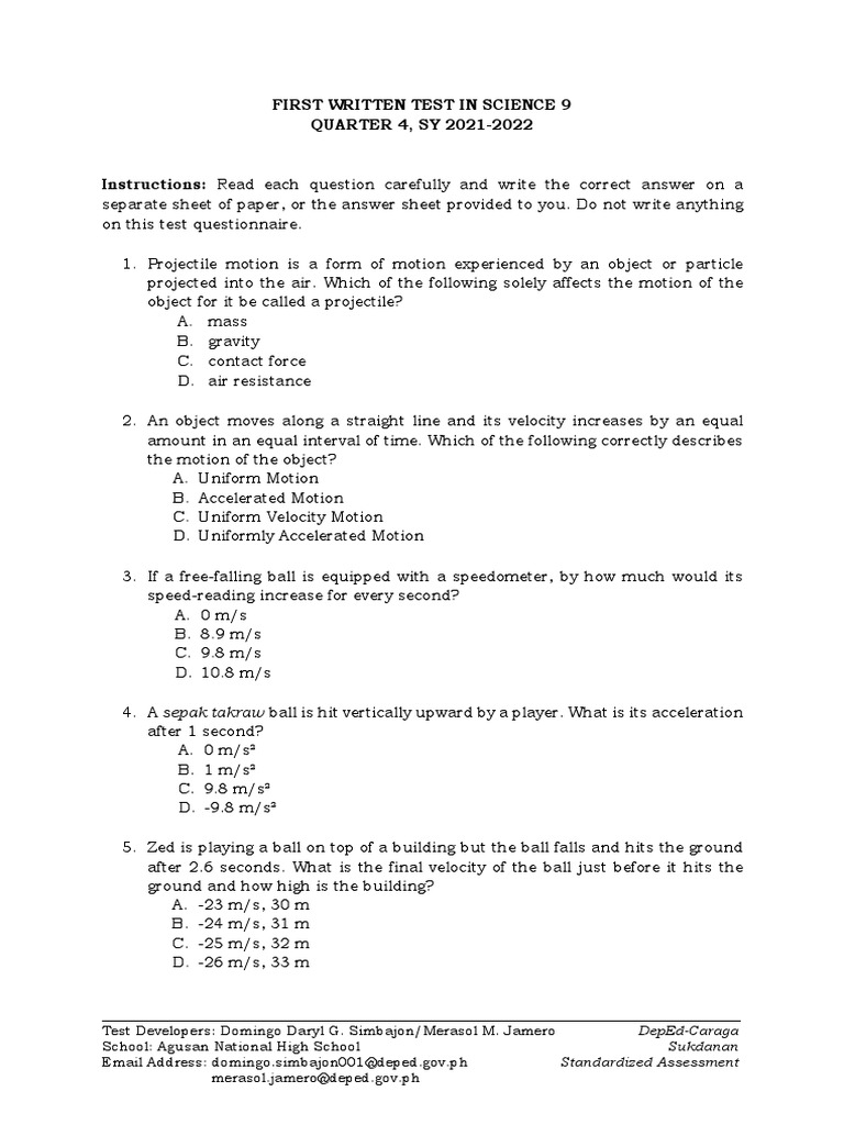 S9 Q4 Summative-Test-1 | PDF | Projectiles | Force