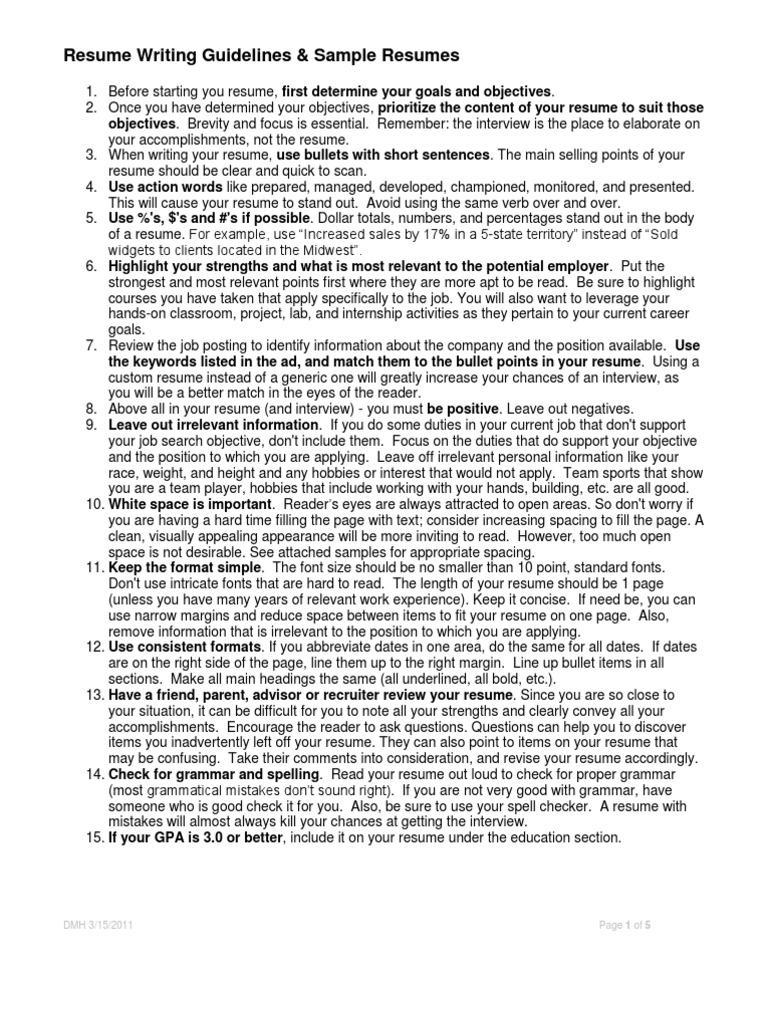 Resume Writing Guidelines and Sample Resumes | PDF | Résumé ...