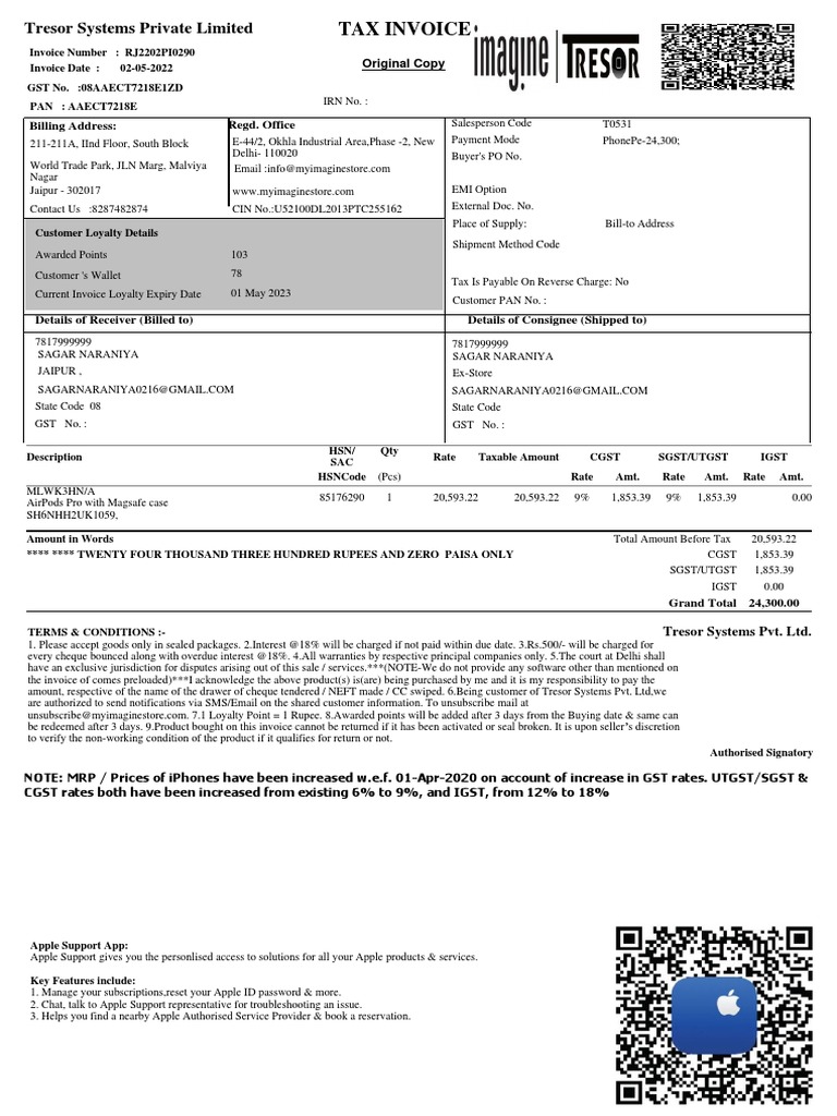 Tax Invoice: Billing Address: Regd. Office | PDF | Invoice | Apple Inc.