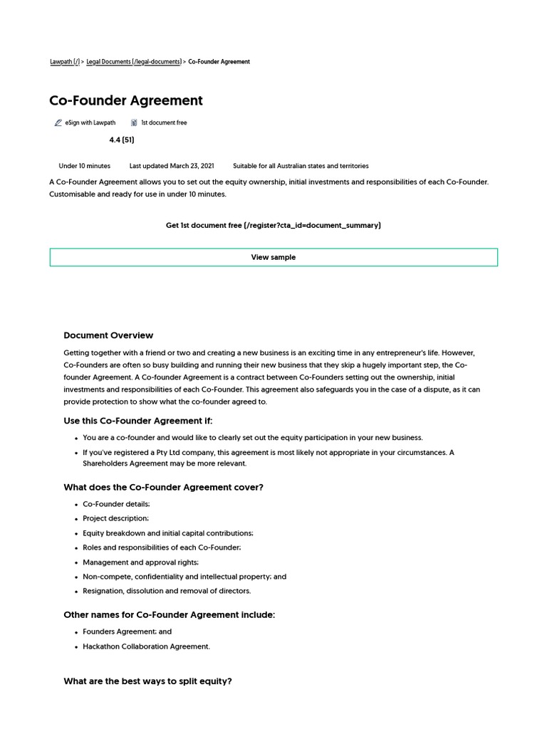 Co-Founder Agreement - Free Template - Sample - Lawpath | PDF ...