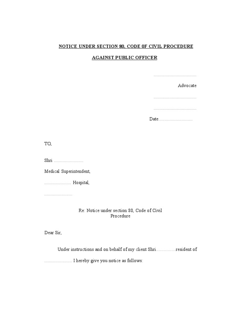 Notice Under Section 80, Code 0F Civil Procedure Against Public Officer | PDF | Surgery | Pain