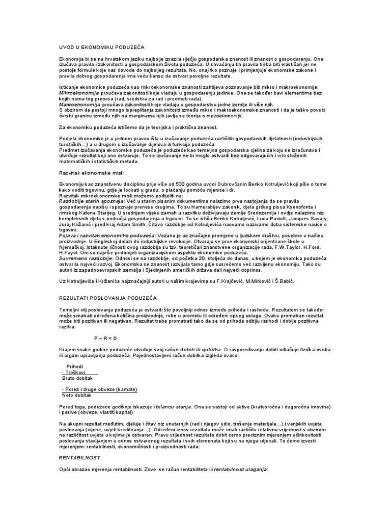 Rentabilnost, Produktivnost, Ekonomicnost | PDF