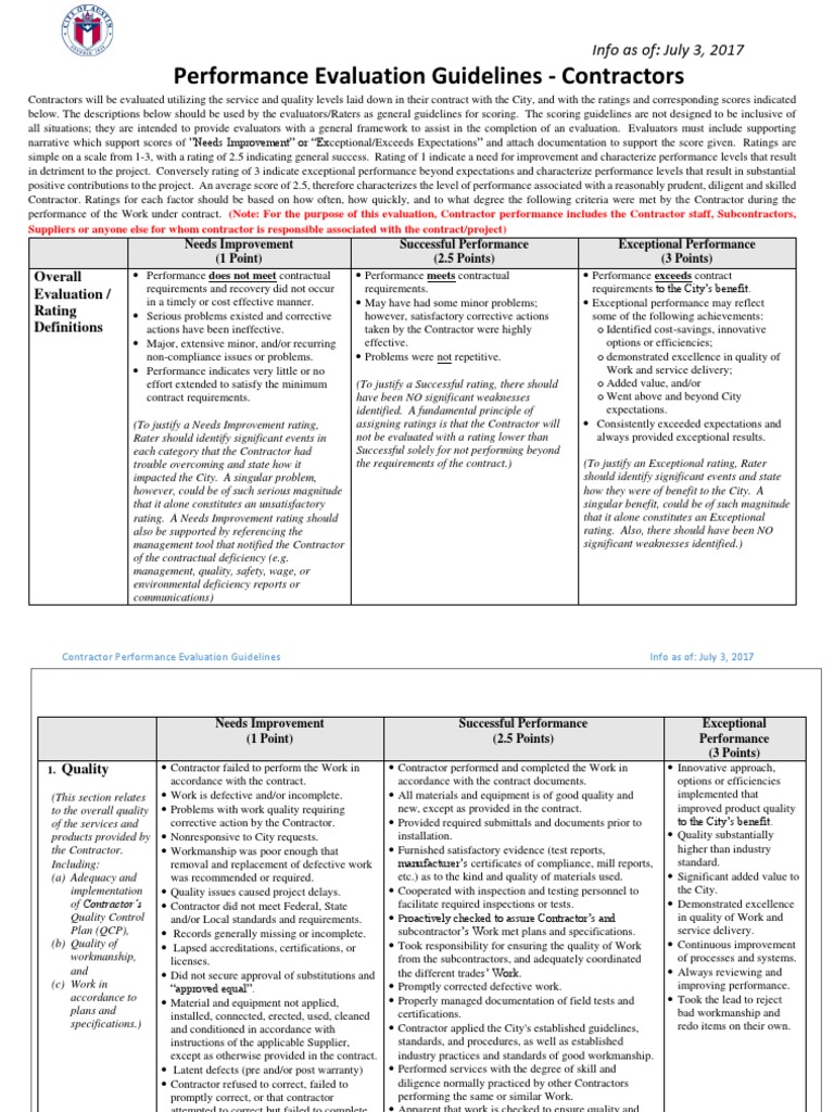 Performance Evaluation Scoring Guidelines - CONTRACTOR | PDF | Safety ...