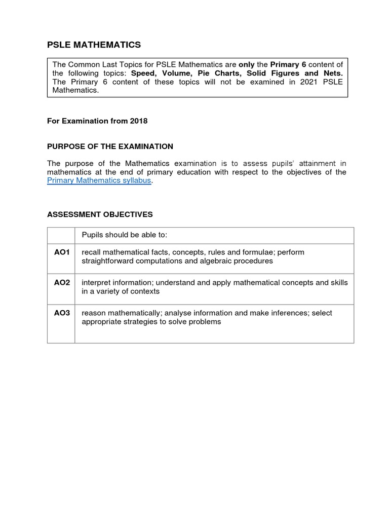 Psle Mathematics: For Examination From 2018 | PDF | Test (Assessment ...