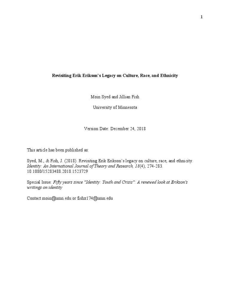 Revisiting Erik Erikson's Legacy On Culture, Race, and Ethnicity | PDF ...