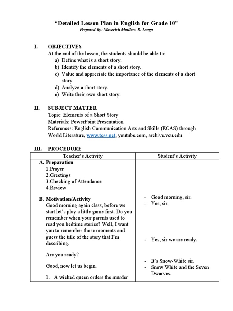 Elements of a Short Story Lesson Plan | PDF | Narration