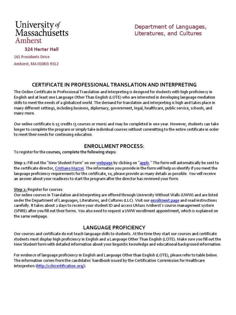 UMass Online Translation Certificate Program | PDF | Language ...