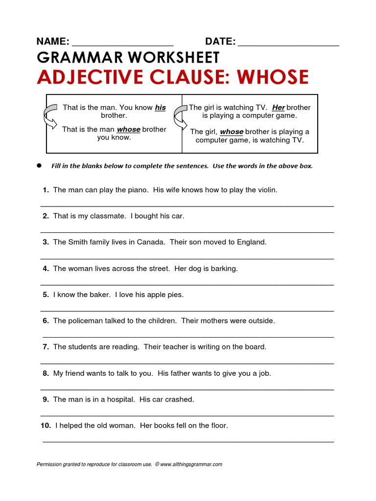 Adjective Clause: Whose: Grammar Worksheet | PDF | Linguistics | Grammar